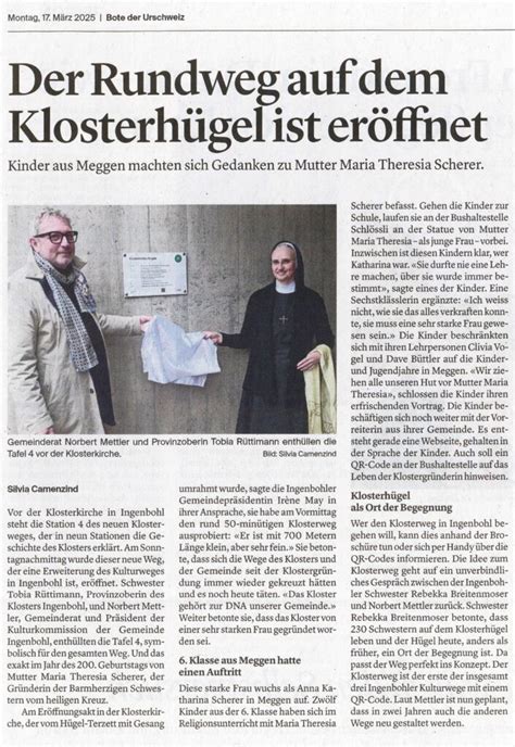 Eröffnung Klosterweg Kloster Ingenbohl Provinz Schweiz