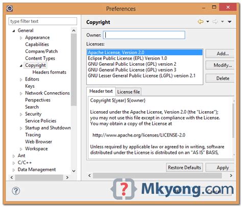 How To Add Copyright To Eclipse Automatically Mkyong