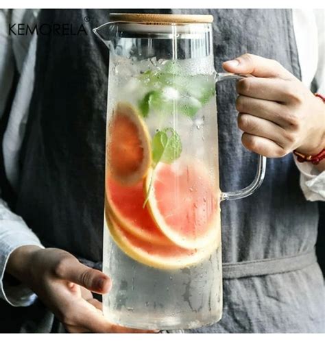 두꺼운 유리 주전자 대나무 뚜껑 필터 커버 포함 주스 및 커피 추가 가능 1000ml 1500ml 티몬