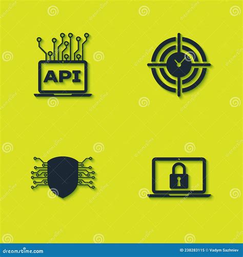 Set Computer Api Interface Laptop And Lock Cyber Security And Time