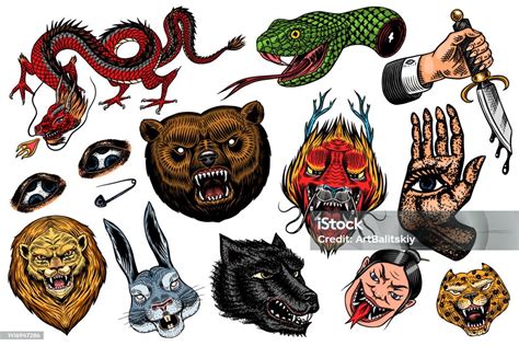 패션 패치 세트 문신 작품 베어 드래곤 라이온 뱀 대거 토끼와 점성술 손 오래된 빈티지 스케치에 새겨진 그림 벡터 초현실적 인 일러스트레이션 배지 티셔츠 인쇄 개체 그룹에