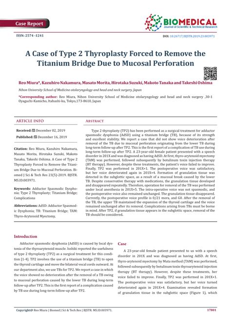 Pdf A Case Of Type 2 Thyroplasty Forced To Remove The Titanium Bridge Due To Mucosal Perforation