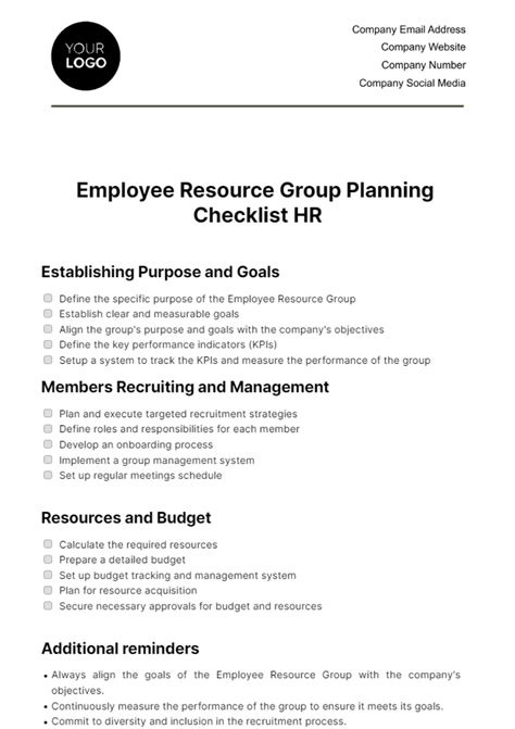 Free Employee Resource Group Planning Checklist Hr Template To Edit Online