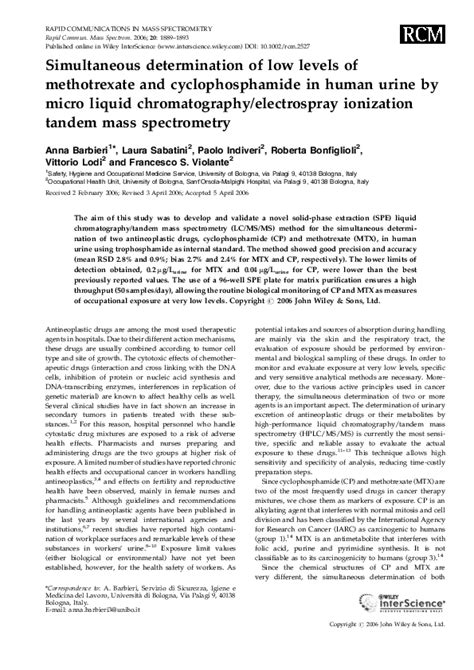 Pdf Simultaneous Determination Of Low Levels Of Methotrexate And Cyclophosphamide In Human