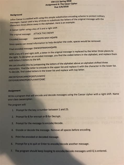 Solved Cm 111 Spring 2018 Assignment 6 The Cesar Cipher Due