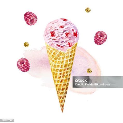 라즈베리 아이스크림 디저트와 딸기 흰색에 고립된 수채화 그림입니다 생일 카드 초대장 포스터 라벨 배너 표지 구에 대한 스톡 벡터 아트 및 기타 이미지 Istock