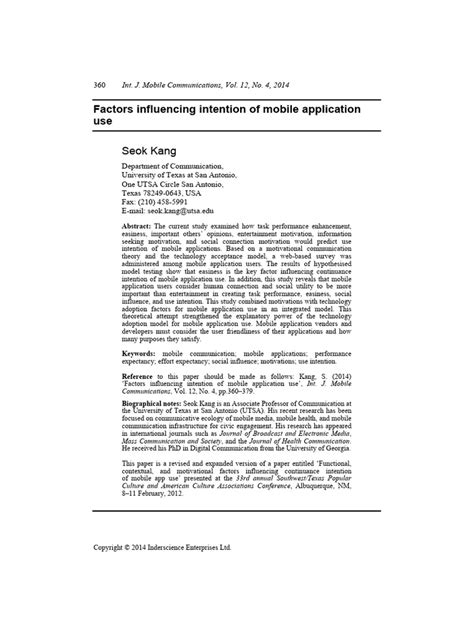 Factors Influencing Intention Of Mobile Application Use Seok Kang Department Of Communication
