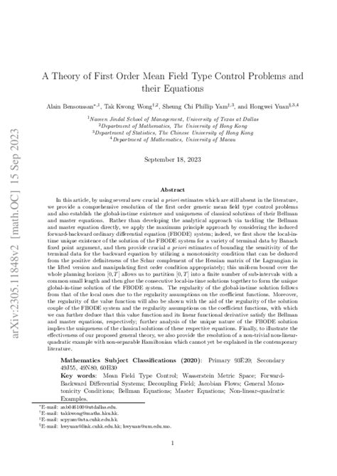 Pdf A Theory Of First Order Mean Field Type Control Problems And Their Equations