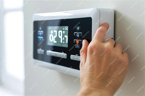 Closeup Of A Womans Hand Setting The Room Temperature On A Modern Programmable Thermostat