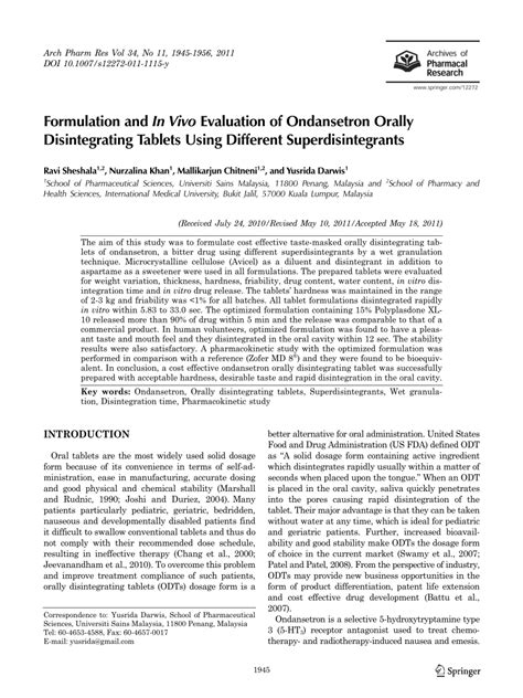 Pdf Formulation And In Vivo Evaluation Of Ondansetron Orally Disintegrating Tablets Using