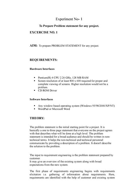 Software Engg Lab Manual Detail Experiment No 1 To Prepare Problem