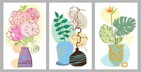 화병이있는 추상적 인 포스터 세트 냄비 과일 꽃병 및 열대 야자 잎이있는 트렌디 한 정물 콜라주 감귤에 대한 스톡 벡터 아트 및