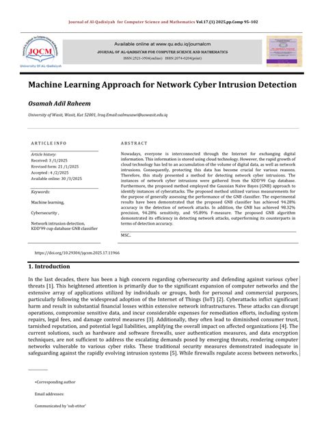 pdf machine learning approach for network cyber intrusion detection