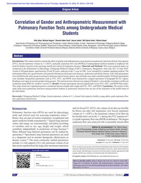 Pdf Correlation Of Gender And Anthropometric Measurement With