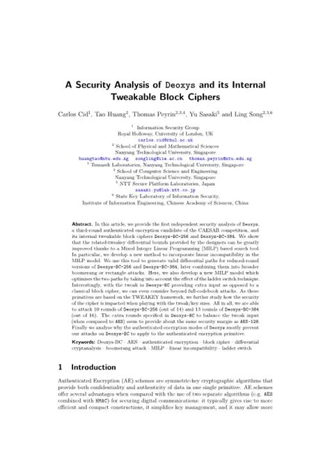 A Security Analysis Of Deoxys And Its Internal Tweakable Block Ciphers Docslib