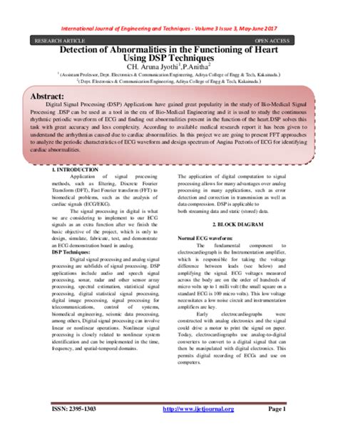 Pdf Detection Of Abnormalities In The Functioning Of Heart Using Dsp Techniques