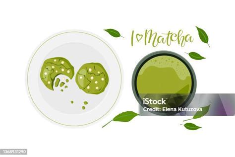 전통 일본 음료와 녹색 쿠키와 녹차 그릇 나는 말차 필기 서예 레터링 말차 녹차를 좋아한다 수제 건강 식품 및 음료 벡터 그림