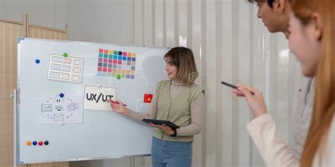 Creative Ux Developer And Ui Designer Brainstorming Session In Modern Office With Whiteboard And