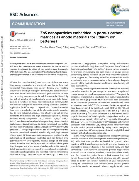 Pdf Zns Nanoparticles Embedded In Porous Carbon Matrices As Anode Materials For Lithium Ion