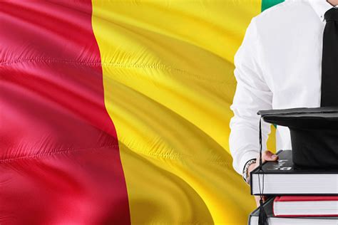 성공적인 학생 교육 개념입니다 책과 기니 국기 배경 위에 졸업 모자를 들고 교사 교육 관련 직업에 대한 스톡 사진 및 기타