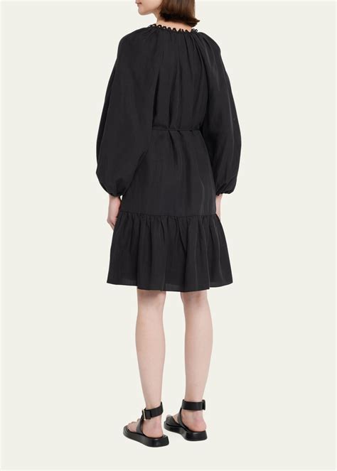 Kobi Halperin Ruby Blouson Sleeve Keyhole Linen Midi Dress Bergdorf Goodman