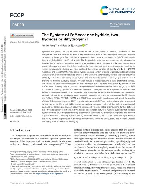 Pdf The E3 State Of Femoco One Hydride Two Hydrides Or Dihydrogen