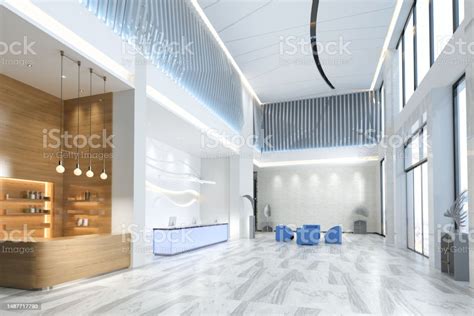 리셉션 데스크와 카페가 있는 현대적인 사무실 또는 호텔 로비 사무실에 대한 스톡 사진 및 기타 이미지 사무실 로비 건축물 특징 배경 주제 Istock