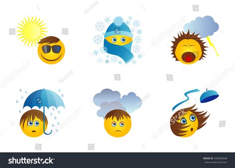 Six Funny Original Icons Emoticons Weather เวกเตอร์สต็อก ปลอดค่าลิขสิทธิ์ 435680038