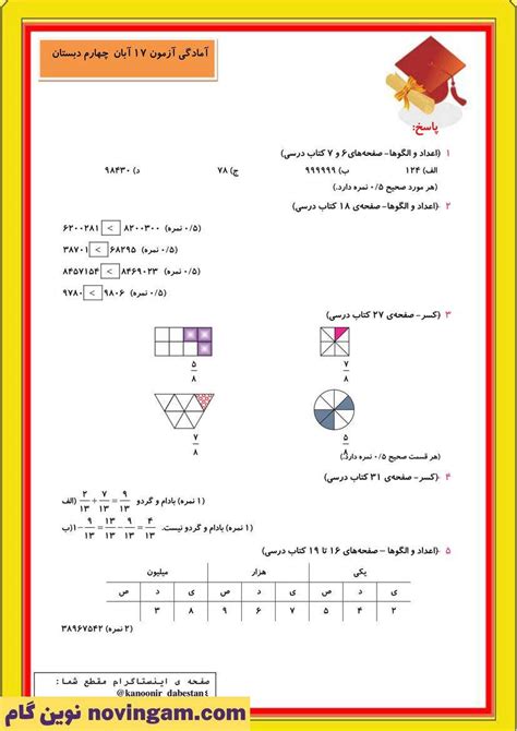 نمونه سوال فصل اول و دوم ریاضی چهارم ⭐️ نمونه سوال فصل 1 و 2 کامل