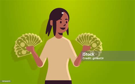 돈 지폐 금융 성공 재산 개념 아프리카 계 미국인 부유 한 사업가 와 달러 지폐 수평 초상화를 들고 흥분 여자 쥠에 대한 스톡 벡터 아트 및 기타 이미지 Istock