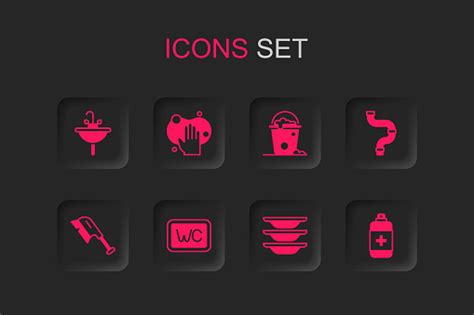 화장실 스폰지 세면대 설거지 산업 금속 파이프 항균 비누 거품과 거품이 있는 양동이 청소 아이콘용 브러시 세트를 제공합니다 벡터 가정 생활에 대한 스톡 벡터 아트 및 기타