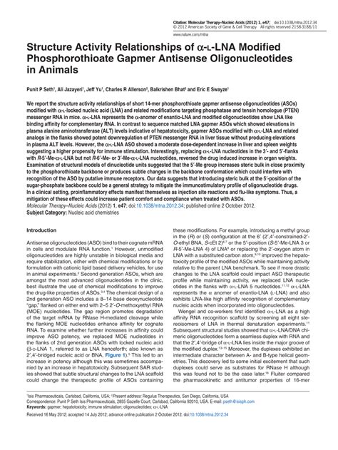 Pdf Structure Activity Relationships Of α L Lna Modified Phosphorothioate Gapmer Antisense