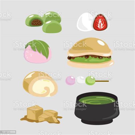 벡터 믹스 세트의 일본 디저트 컬렉션 아시아 음식 메뉴 벡터 일러스트 아시아 과자 아이스크림과 케이크 일본의 디저트 카페 달콤한 동양 간식 도쿄에 대한 스톡 벡터 아트 및