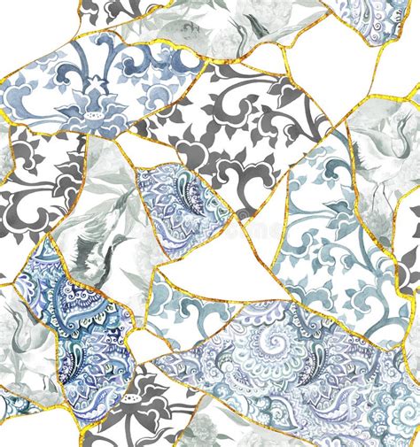 Kintsugi Repeated Background Irregular Mosaic Random Puzzle With Golden Lines Seamless Pattern