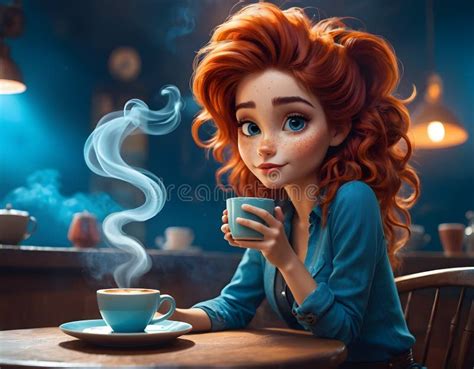 A Cartoon Girl With A Cool Hairstyle Sits At A Table Holding A Coffee