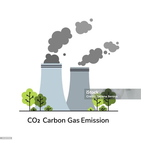 발전소는 Co2 탄소 가스 연기 평면 벡터 그림을 생성합니다 온실 효과 지구 온난화 기후 변화 대기 오염 개념 녹색 에너지 원자력 발전소 전기 스모크스택에 대한 스톡 벡터