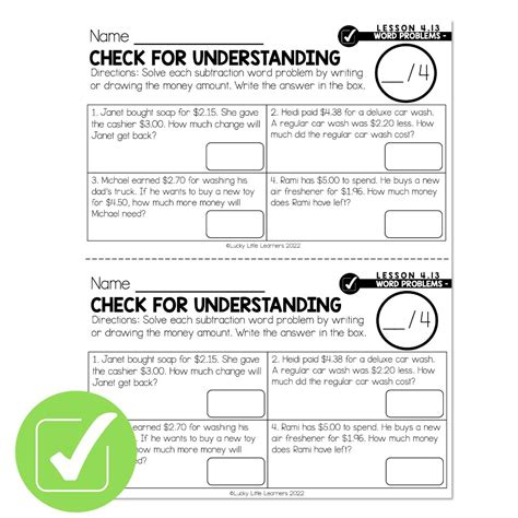 Lucky To Learn Math One Step Subtraction Money Word Problems Lesson