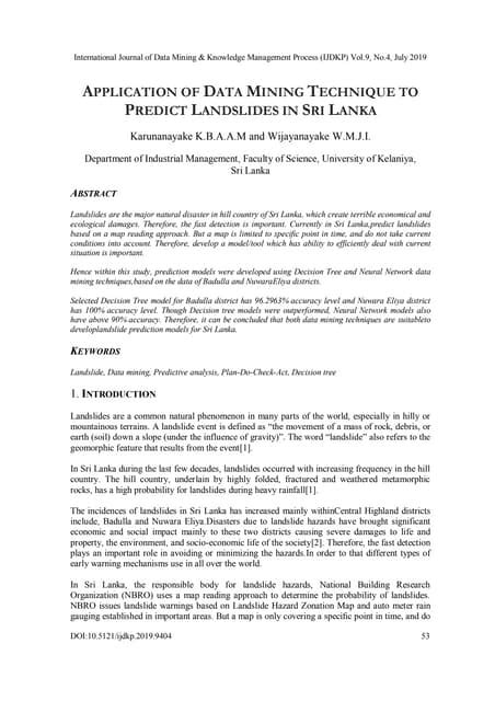 Application Of Data Mining Technique To Predict Landslides In Sri Lanka Pdf