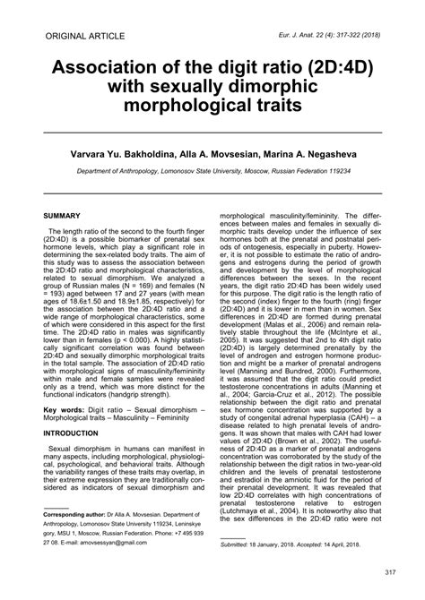 Pdf Association Of The Digit Ratio 2d4d With Sexually Dimorphic Morphological Traits