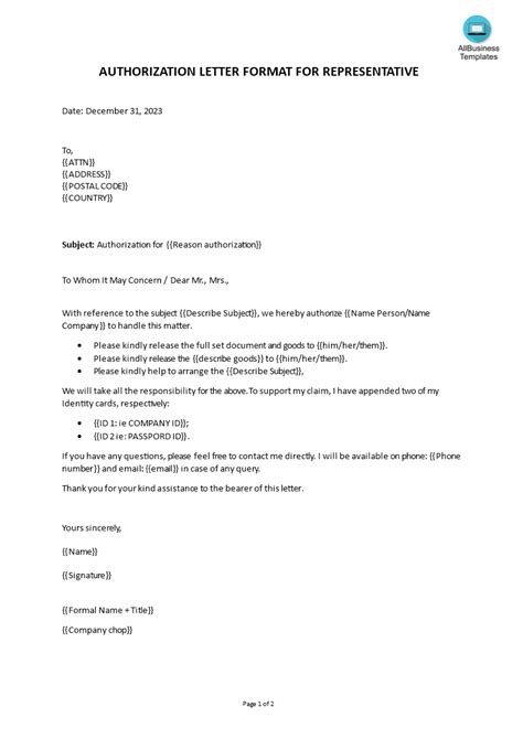 Authorization Letter Format For Representative Templates At