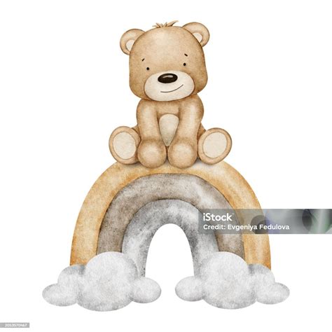 아기 곰 장난감이 무지개 위에 앉아 있습니다 테디 장난감 무지개 구름 수채화 그림입니다 격리 베이비 샤워 포스터 카드 초대장