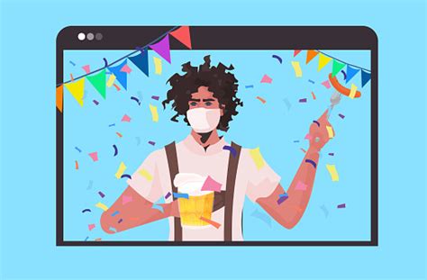 맥주 머그잔 옥토버페스트 파티 페스티벌 축하 자기 고립 코로나바이러스 전염병 개념을 들고 마스크를 쓴 남자 10월에 대한 스톡 벡터 아트 및 기타 이미지 Istock