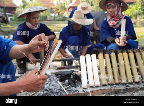 Rice Farmers Cooking Sticky Rice Thailand Southeast Asia Asia Stock