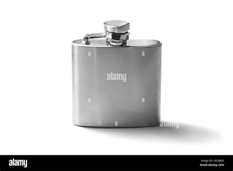 Small Metal Flask Alcohol Container Isolated On White Background Stainless Hip Flask Close Up