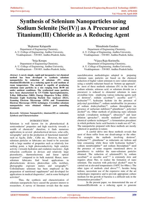 Pdf Synthesis Of Selenium Nanoparticles Using Sodium Selenite Seiv As A Precursor And