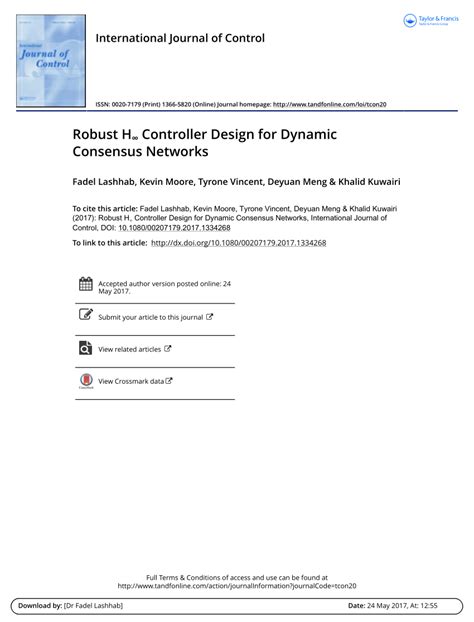 PDF Robust H Controller Design For Dynamic Consensus Networks