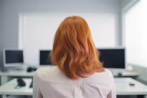 Rear View Of A Redhead Woman In An Office Premium Ai Generated Image