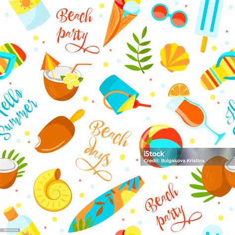 패턴 여름 아이템 해변 테마 안녕하세요 여름 일러스트는 아이스크림 칵테일 카코스 수영복 비치 백 가방 자외선 차단제 서핑보드 껍질 슬란 삽이 있는 양동이를 묘사합니다 만화