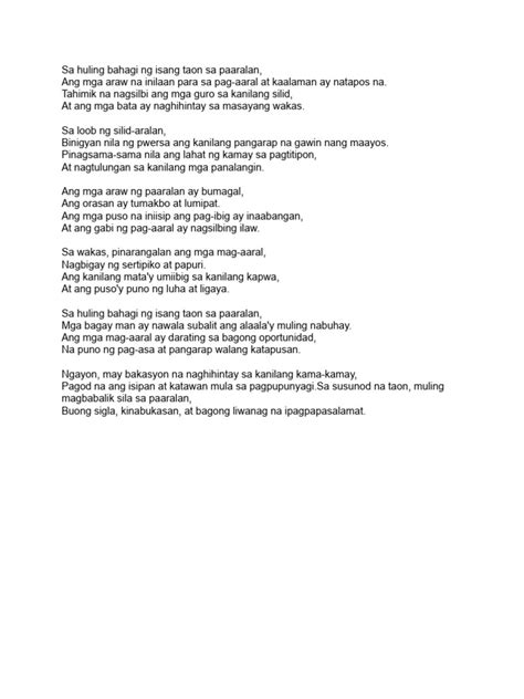 Sa Huling Bahagi Ng Isang Taon Sa Paaralan Tula Pdf