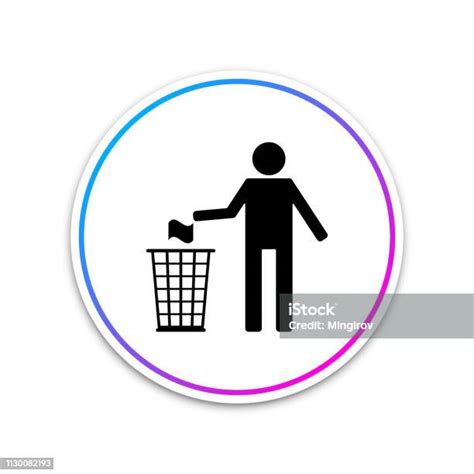 남자 흰색 배경에 고립 된 먼지 빈 아이콘으로 쓰레기를 던지고 재활용 기호입니다 동그라미 흰색 버튼 벡터 일러스트 건강한 생활방식에 대한 스톡 벡터 아트 및 기타 이미지